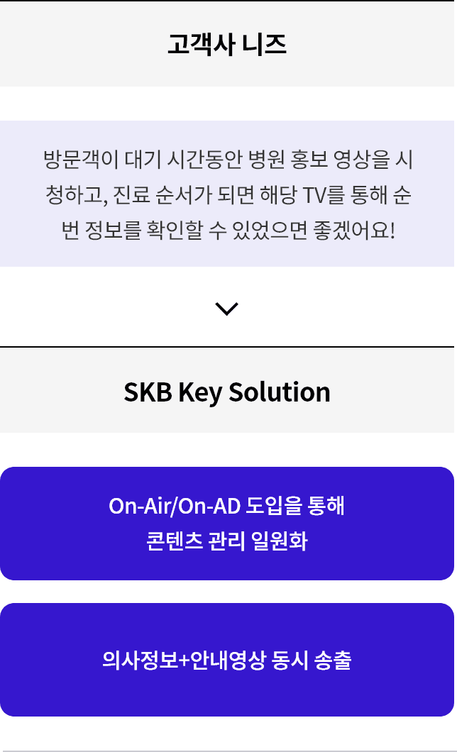 고객사 니즈 - 방문객이 대기 시간동안 병원 홍보 영상을 시청하고, 진료 순서가 되면 해당 TV를 통해 순번 정보를 확인할 수 있었으면 좋겠어요! > SKT Key ...